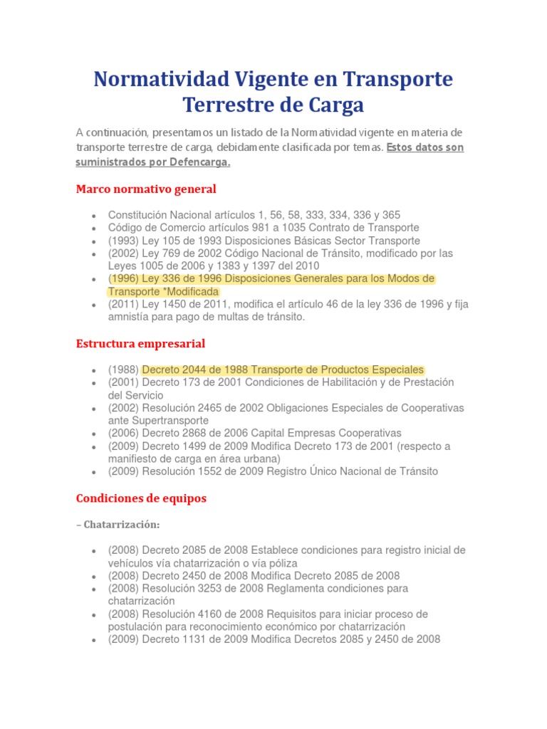 Normatividad Vigente en Transporte Terrestre de Carga | PDF | Economía ...