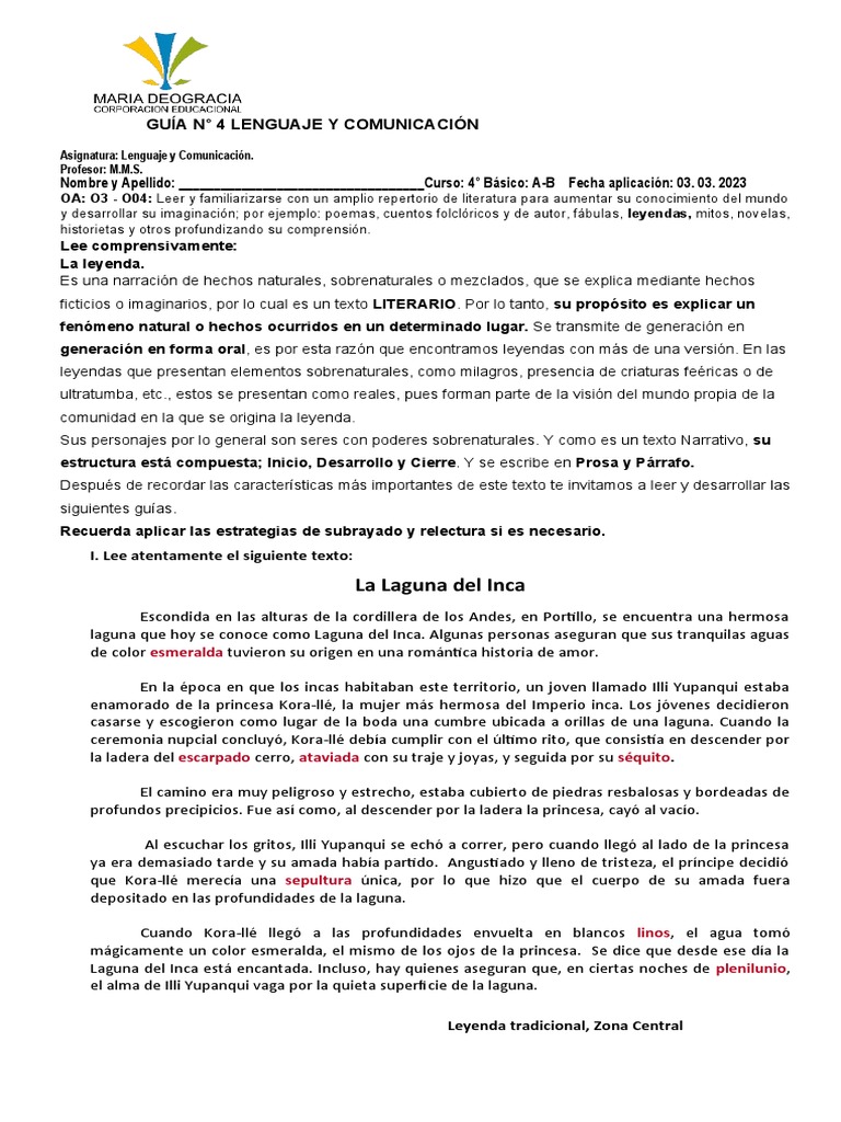 Guía 4 Partes de Una Leyenda 4° A-B | PDF | Leyendas | Imperio Inca