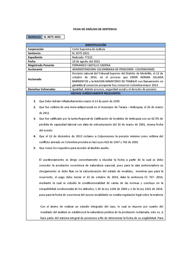 Ficha Sentencia SL 3675-2021 | PDF | Pensión | Colombia