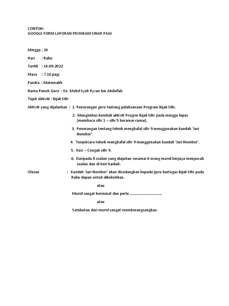 Contoh Laporan Program Sinar Pagi | PDF