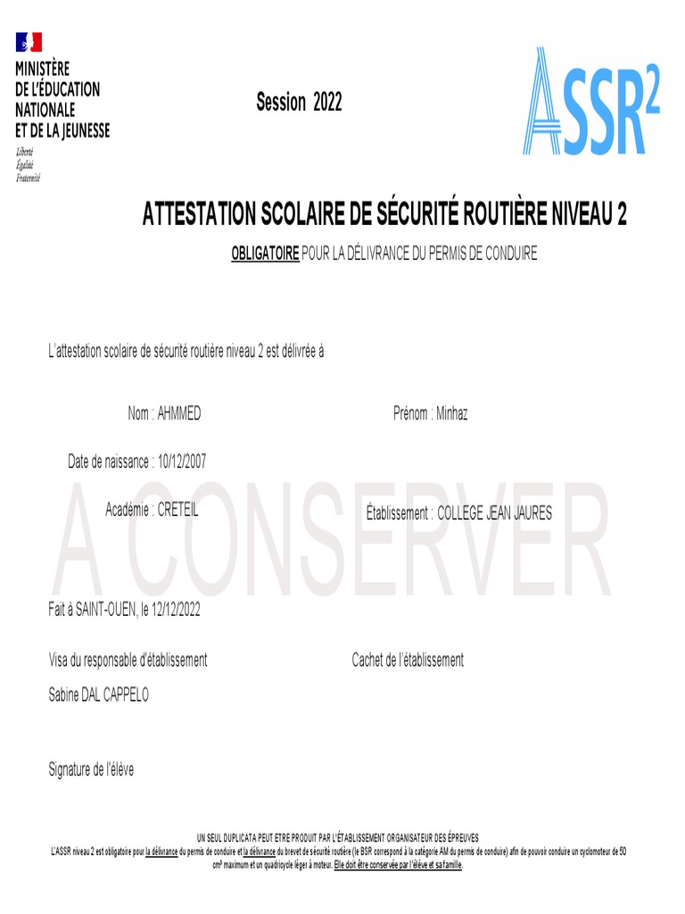 Attestation ASSR2 AHMMED Minhaz 2022 PDF | PDF