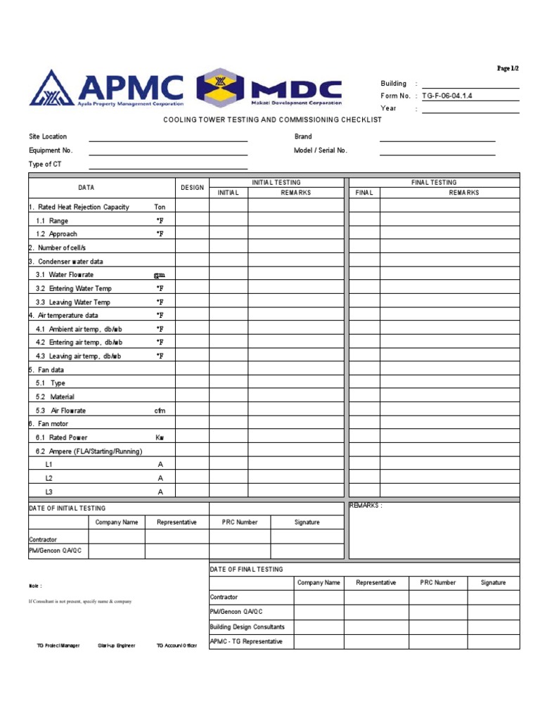 Comprehensive Cooling Tower Testing and Commissioning Checklist | PDF ...
