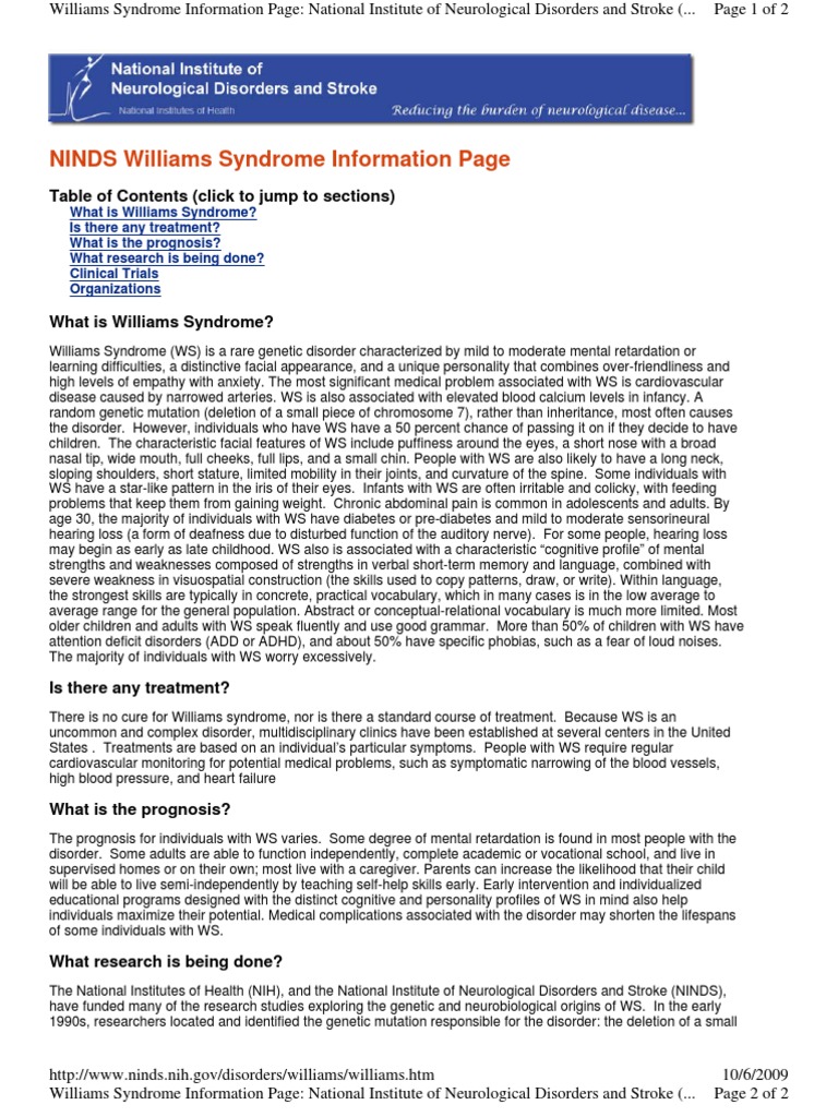 Williams Syndrome: Key Facts & Research | PDF | National Institutes Of ...
