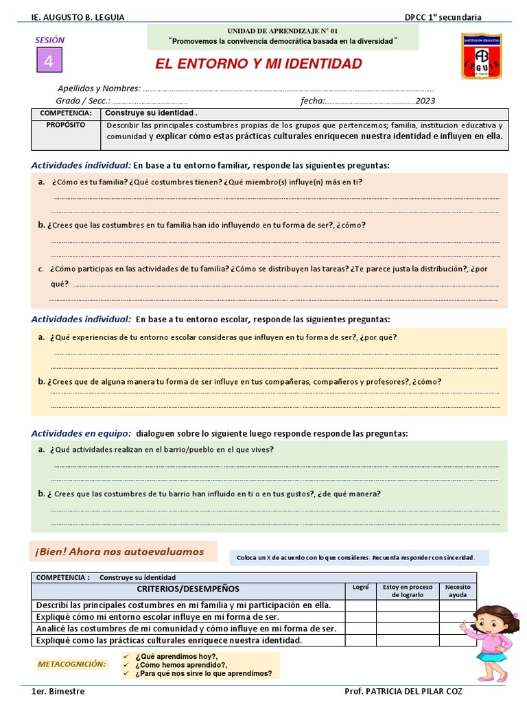 DPCC. - FICHA 4 - Sesion 4 (I Unidad) 1° Sec.-1 PDF | PDF | Aprendizaje | Cognición