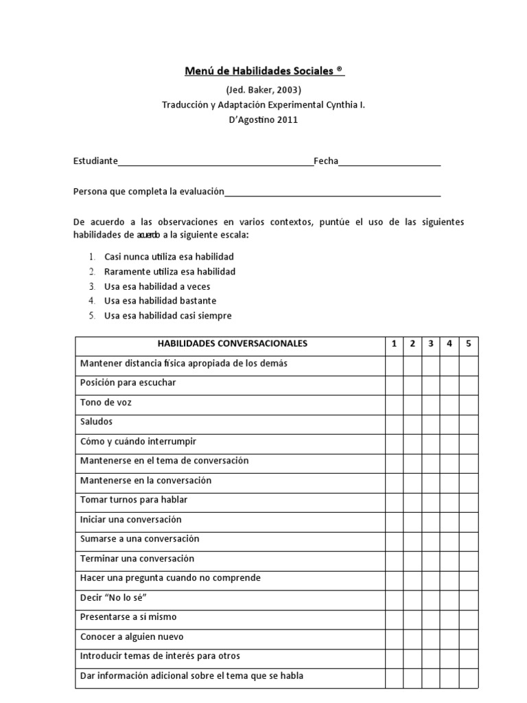 Menu de Habilidades Sociales BAKER | PDF