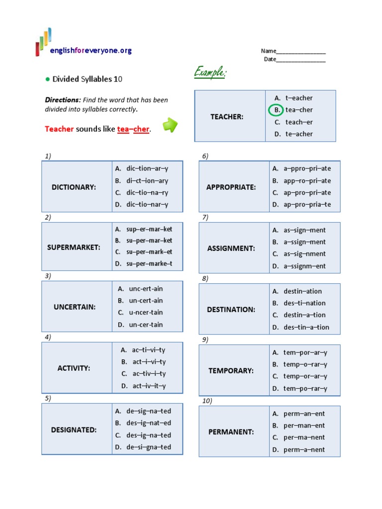 Divided Syllables 10 | PDF | Language Arts & Discipline