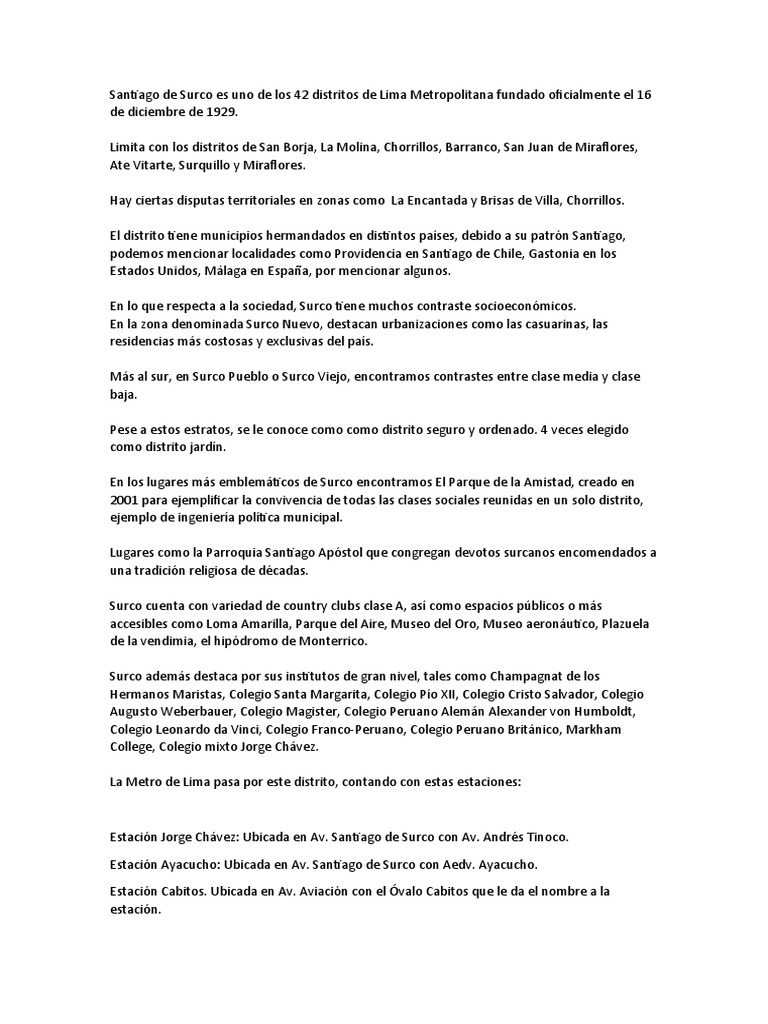 Santiago de Surco Es Uno de Los 42 Distritos de Lima Metropolitana ...