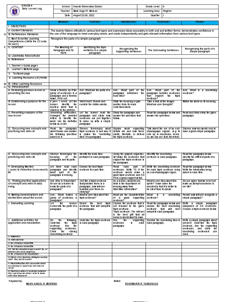G4 Q1 W1 DLL | Download Free PDF | Learning | Paragraph