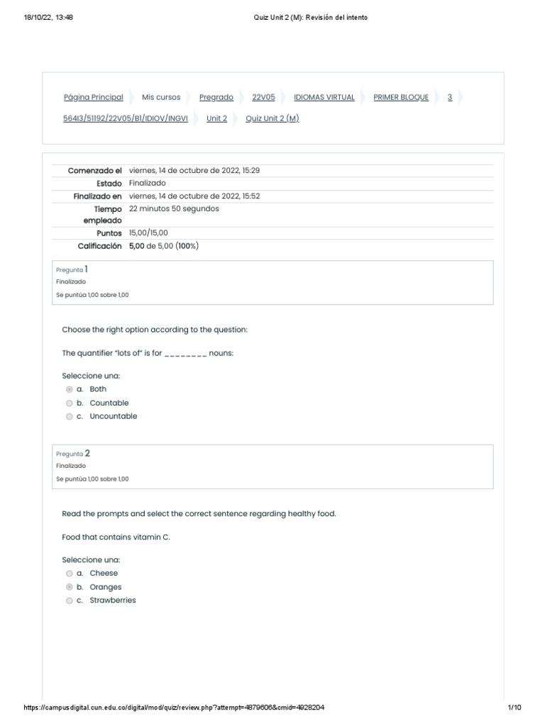 Quiz Unit 2 (M) - Revisión Del Intento | PDF | Soft Drink | Lunch
