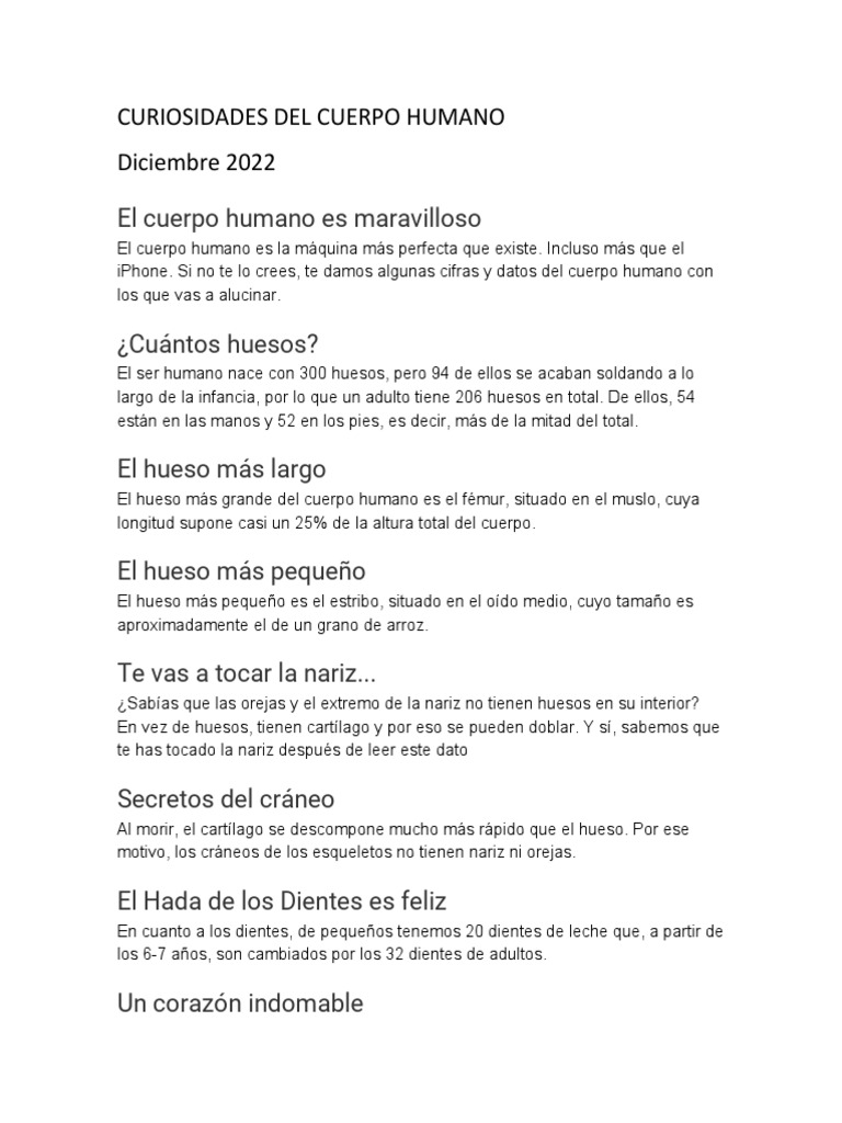 Curiosidades Del Cuerpo Humano Pdf Hueso Percepción