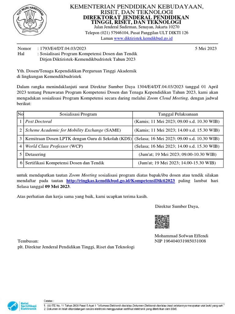Surat Edaran Sosialisasi Program Kompetensi Dosen Dan Tendik Tahun 2023 ...