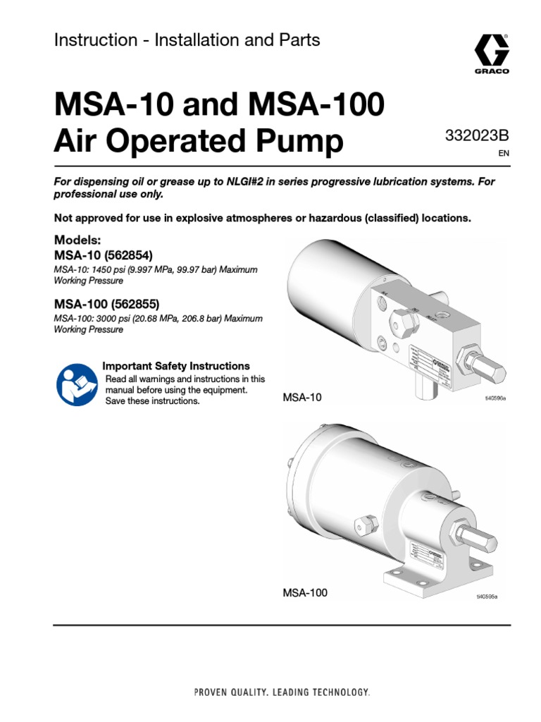 MSA-10 and MSA-100 Air Operated Pump: Instruction - Installation and ...