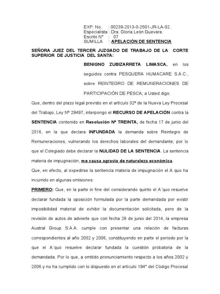 APELACIÓN DE SENTENCIA - Zubizarreta | PDF | Sentencia (ley) | Apelación