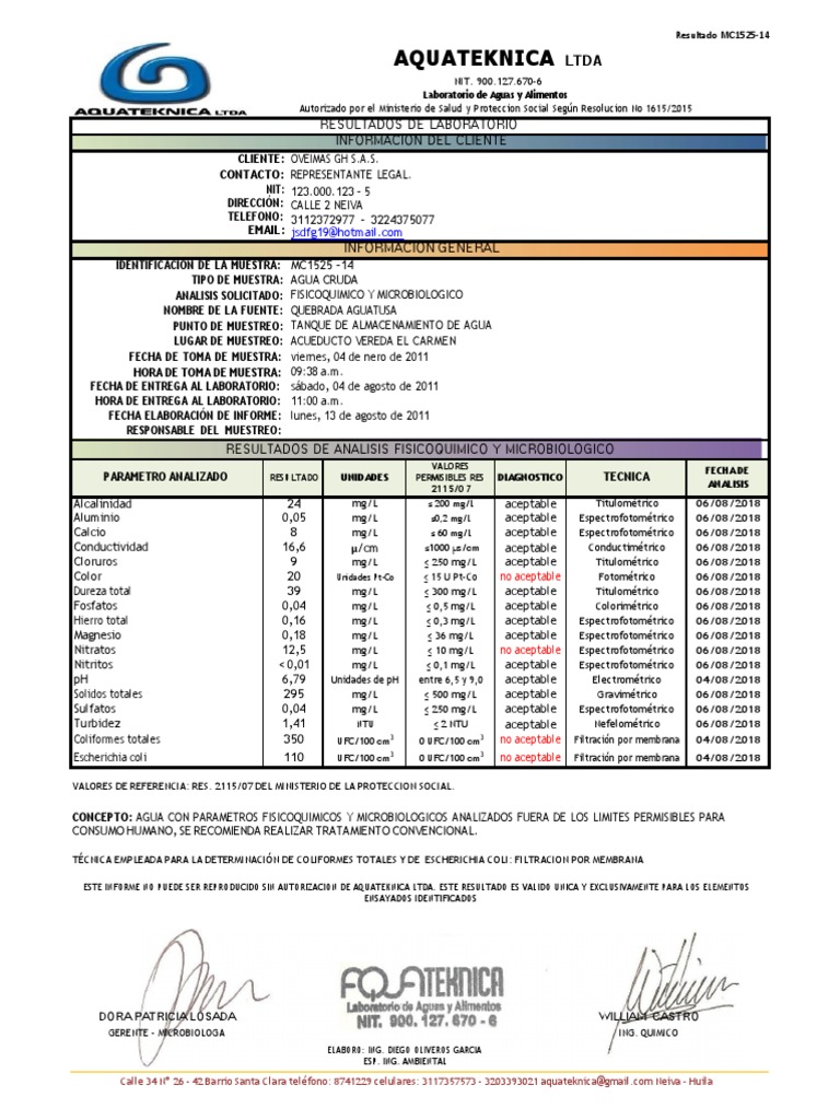 Prueba Laboratorio de Aguas El Carmen | PDF | Compuestos químicos | Átomos