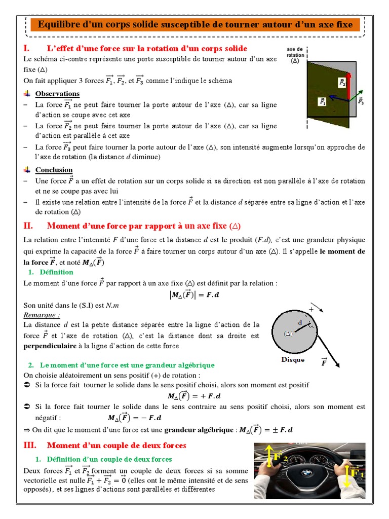 Lecon Fiche Pedag Equilibre D - Un Corps en Rotation Autour D - Un Axe ...