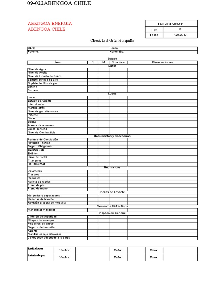 FMT-0347-09-111 Rev.00 Check List Grúa Horquilla | PDF