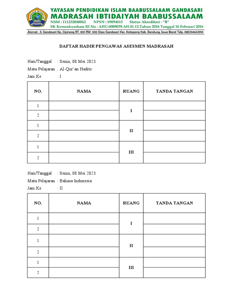 Daftar Hadir Pengawas AM 2023 | PDF