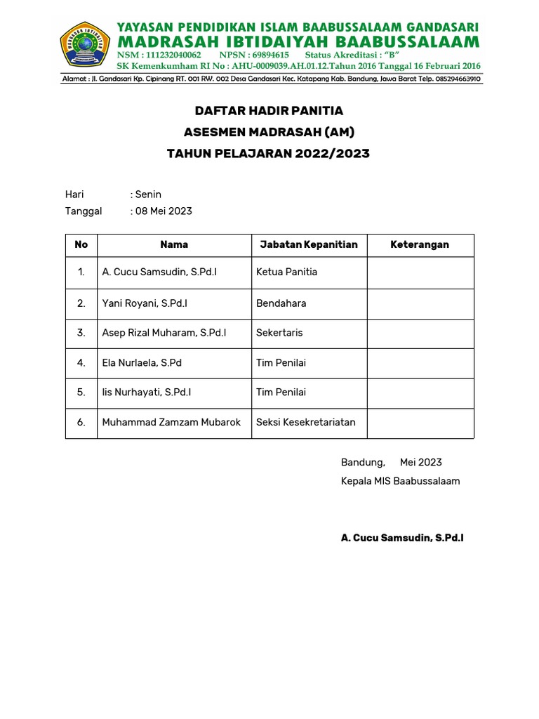 Daftar Hadir Panitia Am 2023 | PDF | Karier & Perkembangan