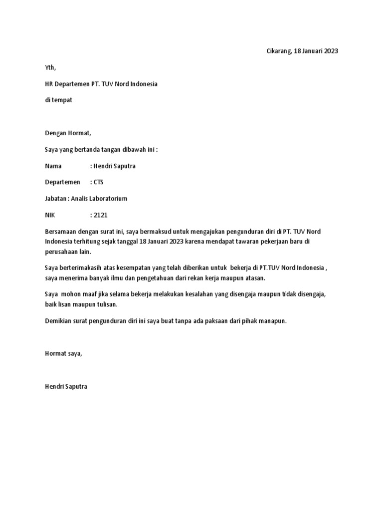 Surat Pengunduran Diri Hendri Saputra | PDF