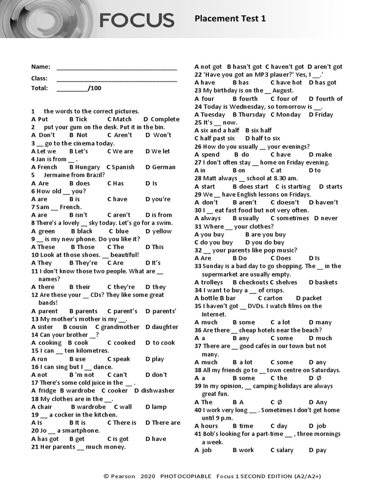 Focus1 2E Placement Test | PDF