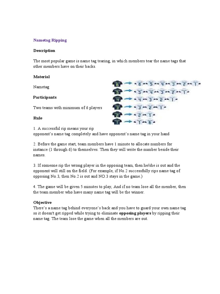 Nametag Ripping Game Rules | PDF | Sports & Recreation | Games & Activities