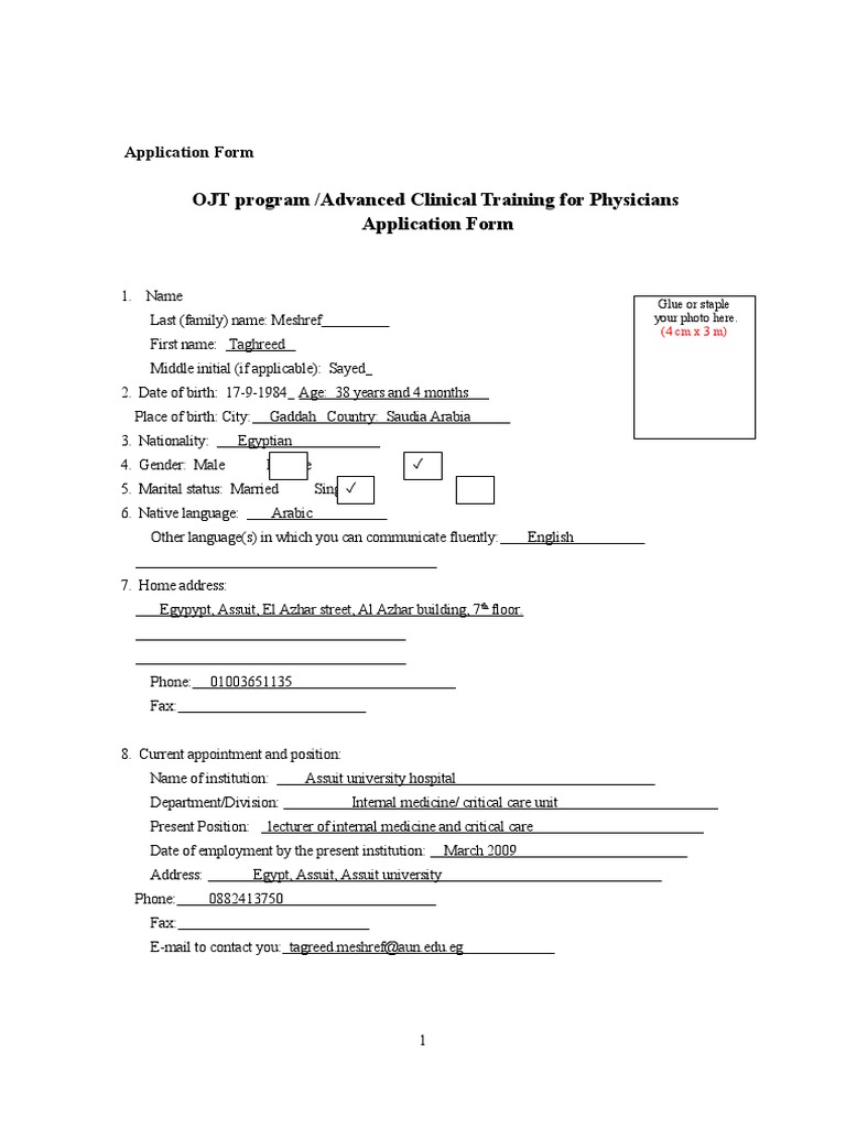 Application for an OJT Program/Advanced Clinical Training for ...