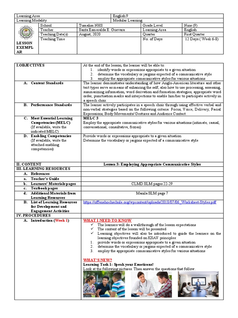 Final - Idea Exemplar Melc 3 | PDF | Learning | Nonverbal Communication