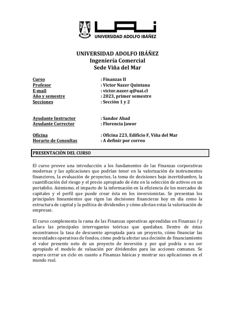 Programa Finanzas II Viña - Sección 1. Prof Nazer PDF | PDF | Modelo de fijación de precios de ...