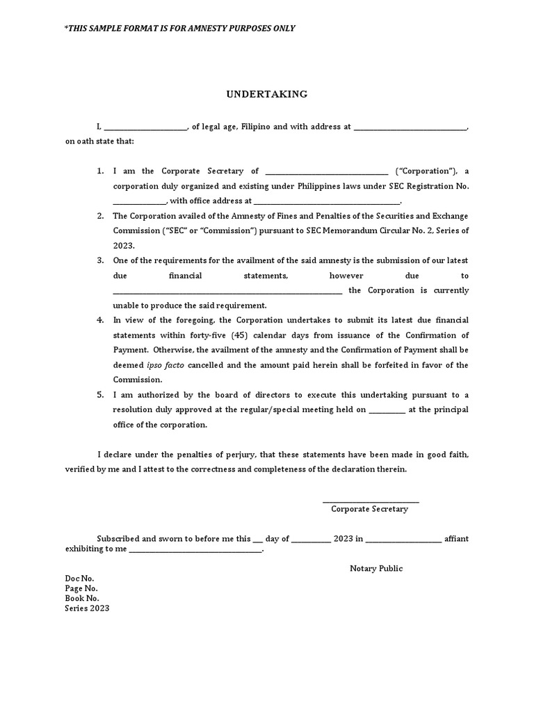 Undertaking For Submission at SEC | PDF | Affidavit | Common Law Undertaking For Submission at SEC | PDF | Affidavit | Common Law