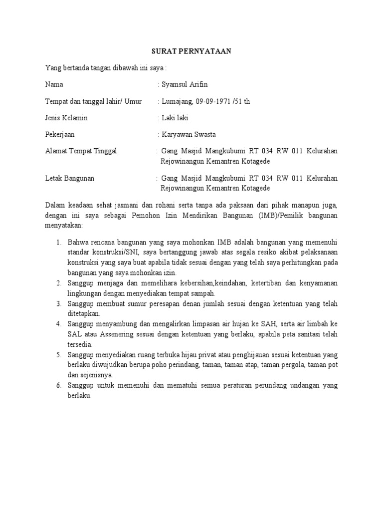 SURAT PERNYATAAN Imb | PDF | Hukum