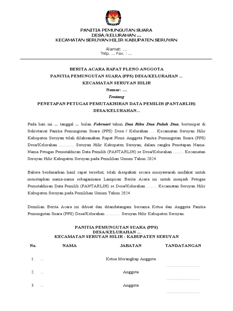 Contoh Draft BA Pleno PPS TTG Pantarlih | PDF