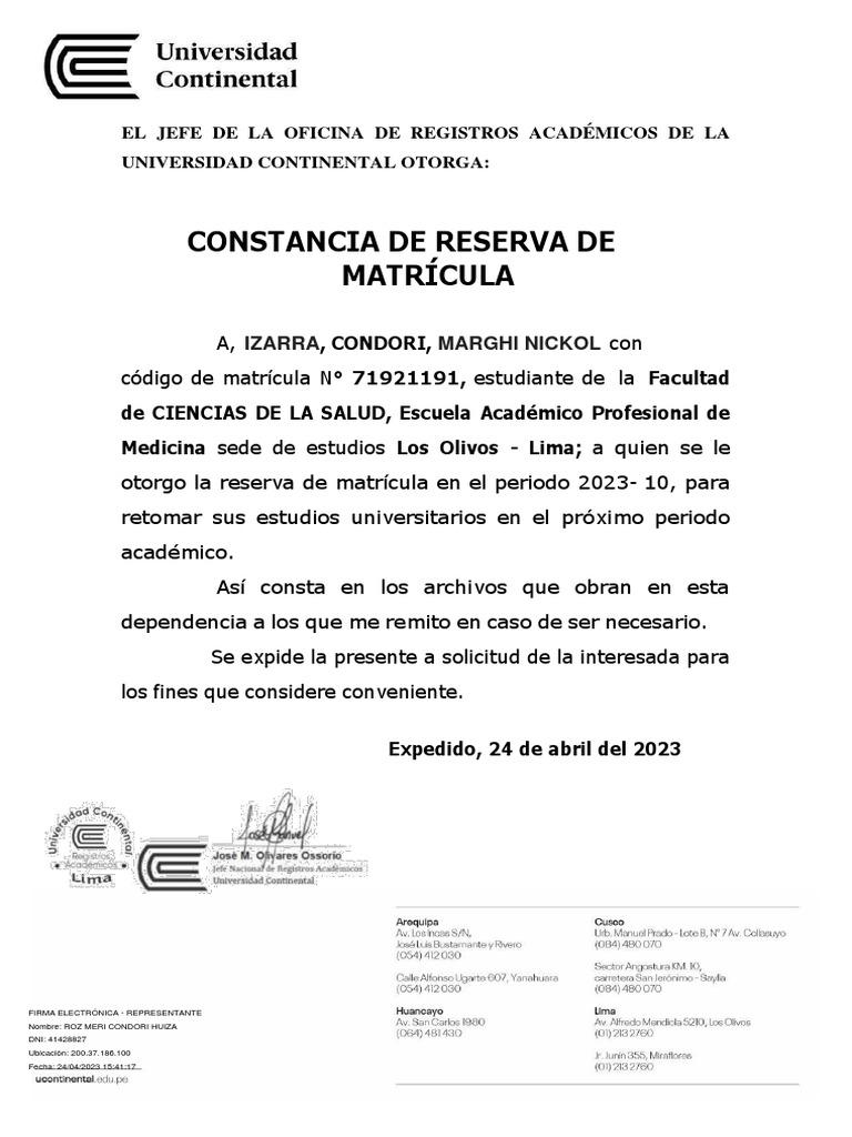Constancia de Reserva de Matricula | PDF