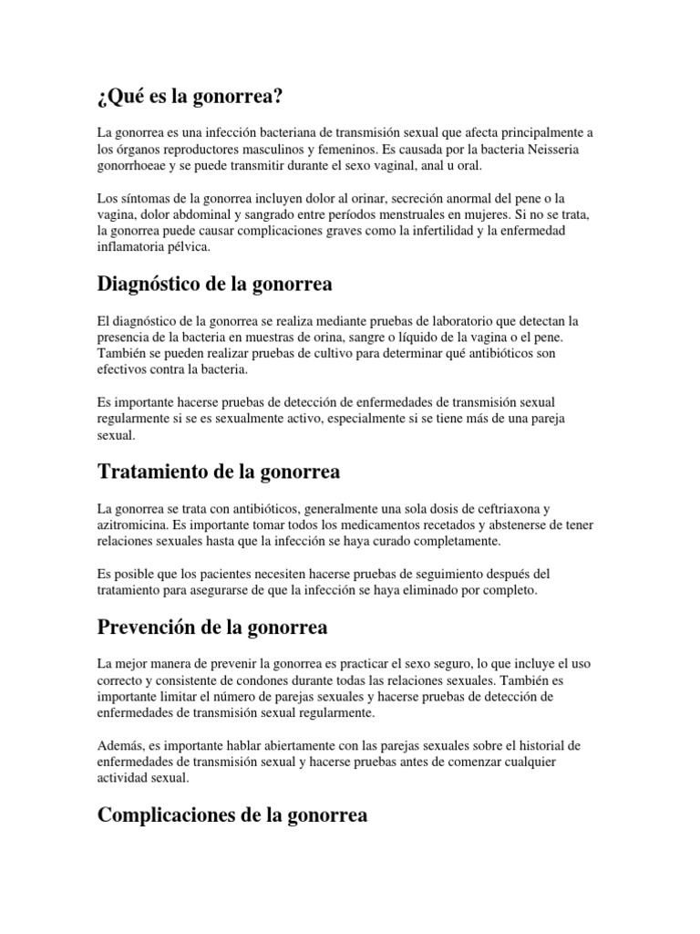 Gonorrea Información 2 Pdf Infección Transmitida Sexualmente