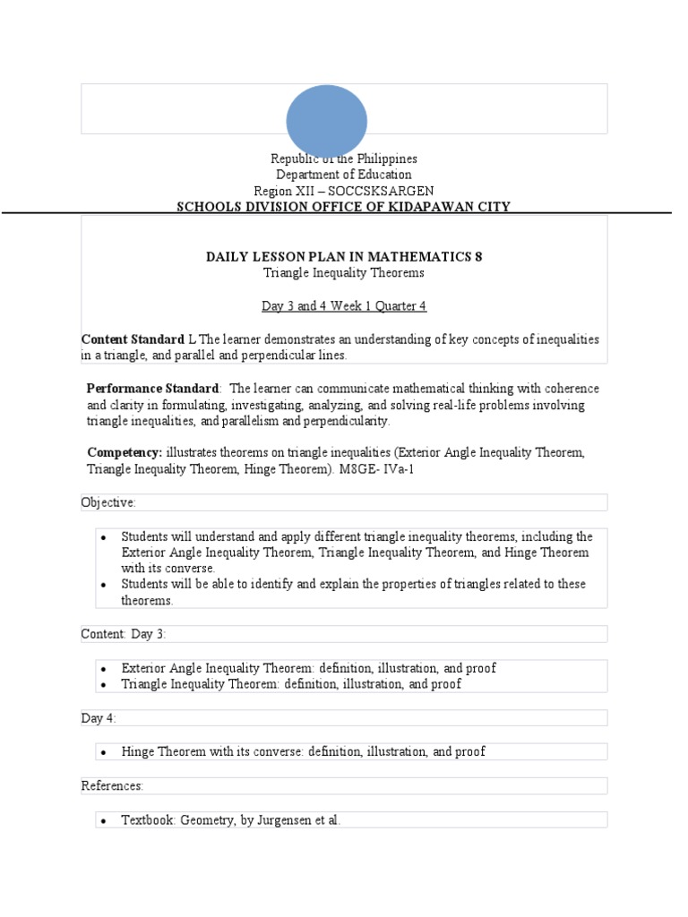 2022 Math 8 DLP Q4 W1 D34 | PDF | Triangle | Geometry