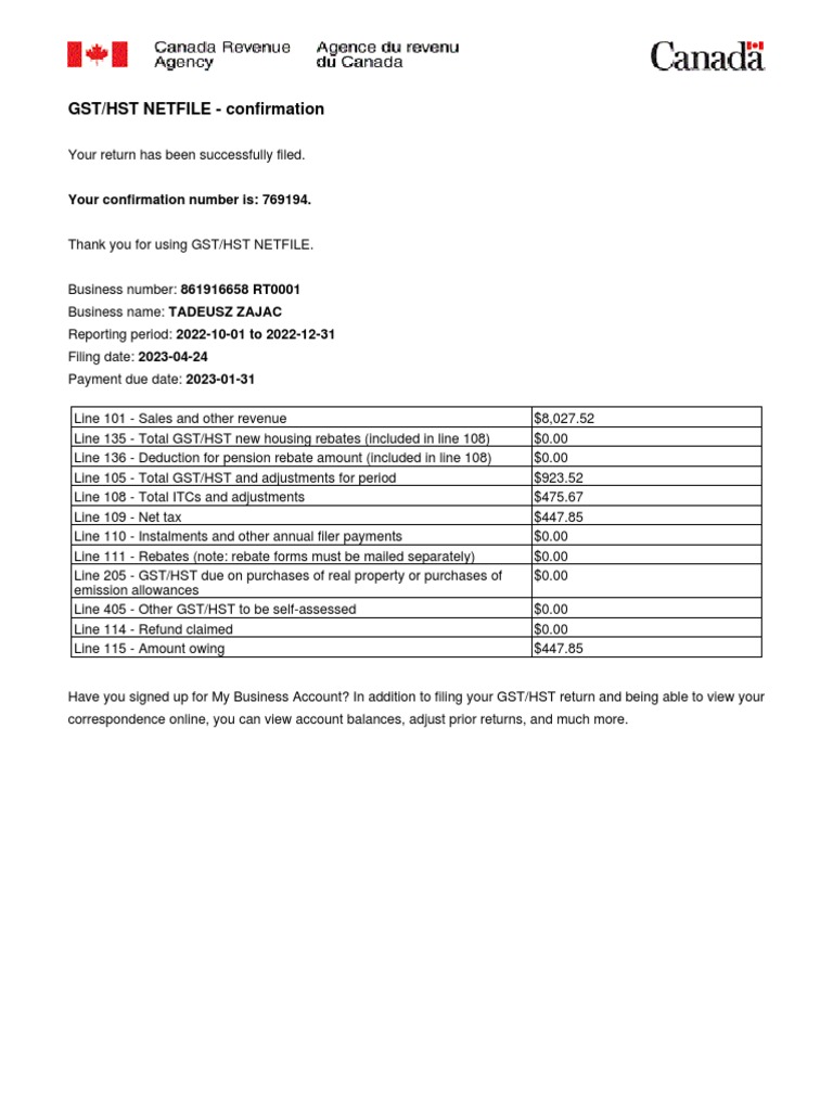 GST/HST NETFILE - Confirmation: Your Confirmation Number Is: 769194 | PDF