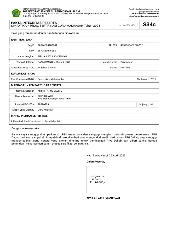 Pakta Integritas Ppg Khoir Pdf