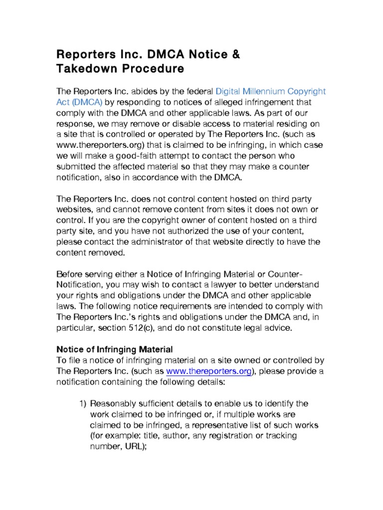 DMCA Takedown Notice Procedure Guide | PDF | Online Copyright ...