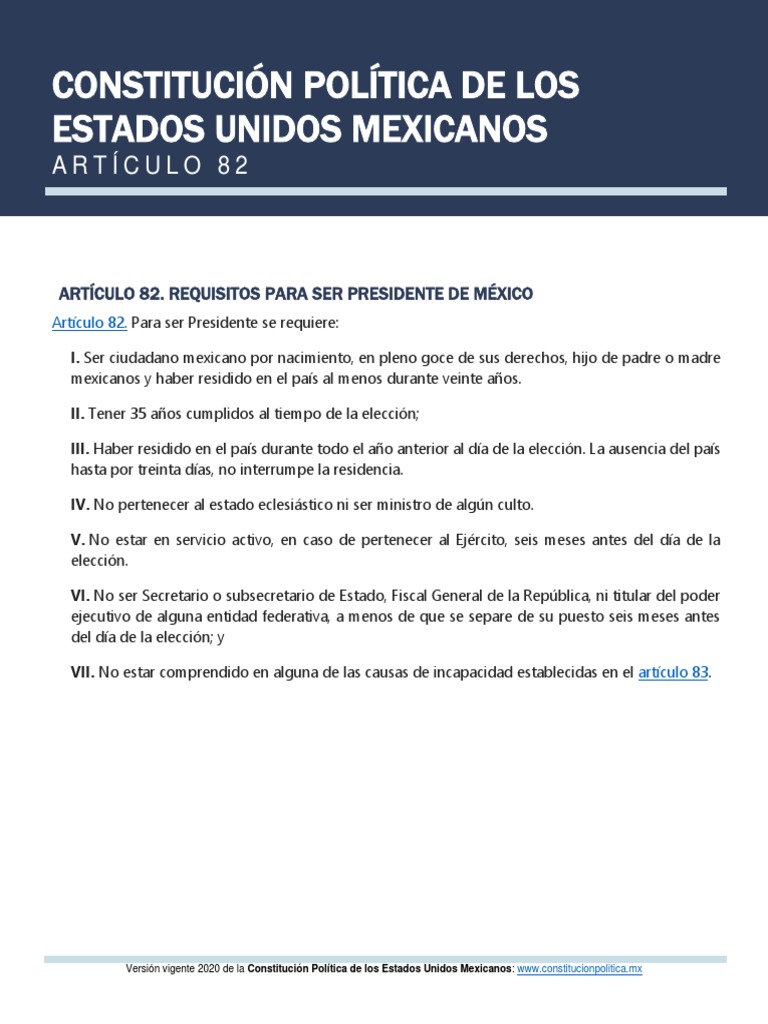 Artículo 82. - Constitución Política de Los Estados Unidos Mexicanos | PDF