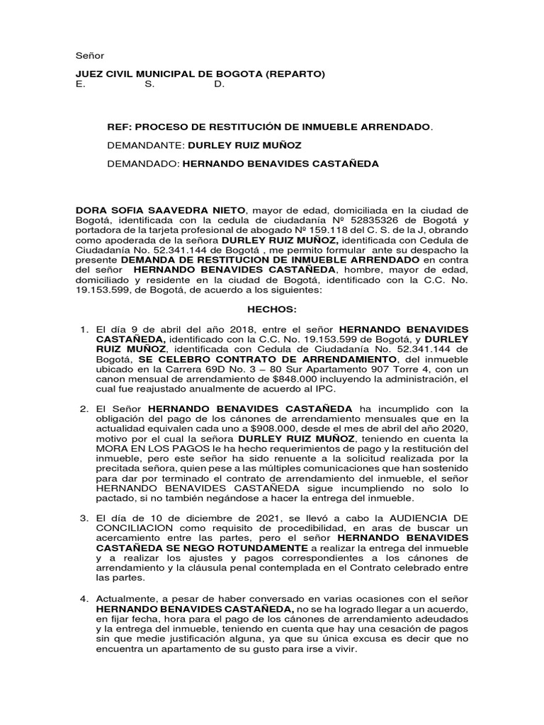 Modelo Demanda Restitución Inmueble Arrendado DURLEY PDF | PDF ...