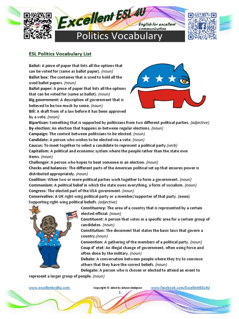 ESL Politics Vocabulary Worksheet PDF | PDF | Voting | Elections