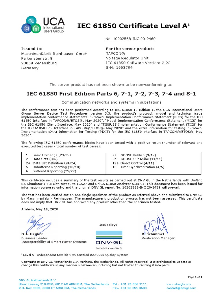 Certificate For TAPCON ETOS Voltage Regulator Unit in Accordance With ...