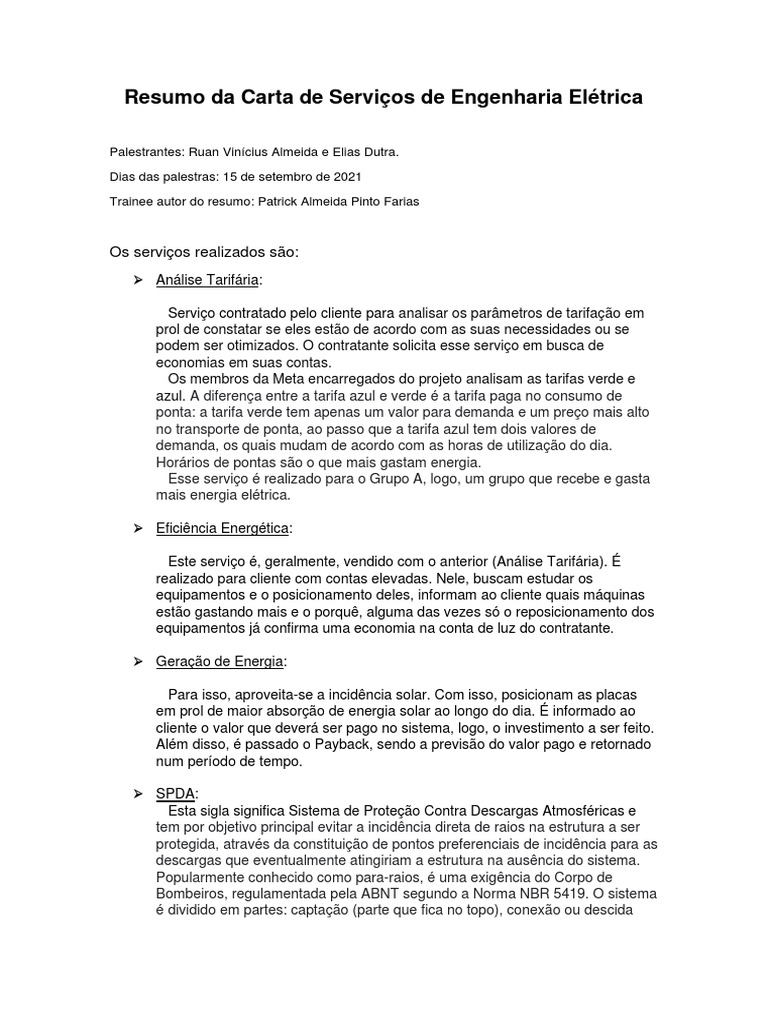 (Eng Ele) Resumo Da Carta de Serviços de Engenharia Elétrica | Download ...