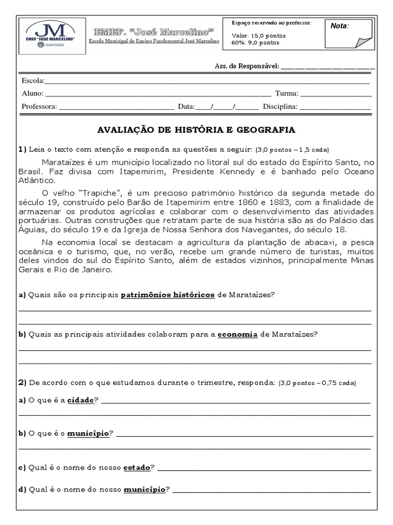 Avaliação de História e Geografia - 1º Trimestre | PDF