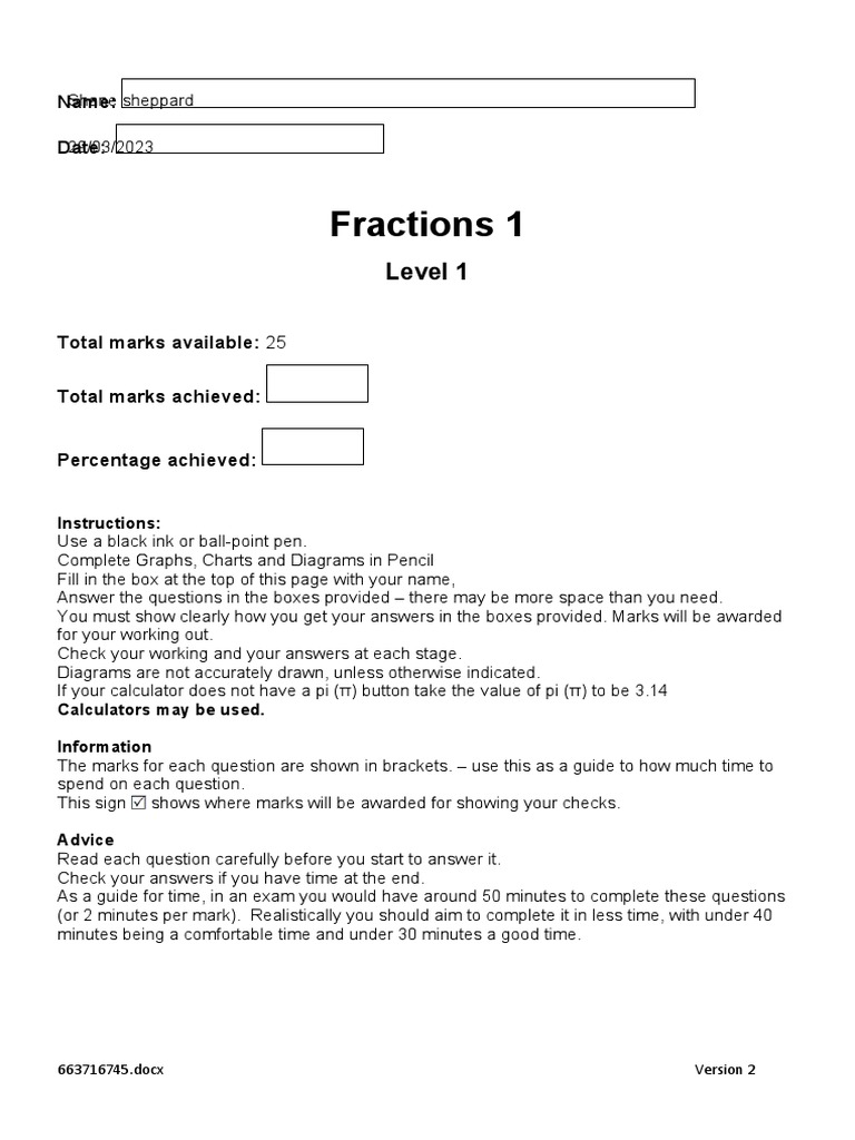 Level 1 Fractions 1 v2 (1) Answers | PDF