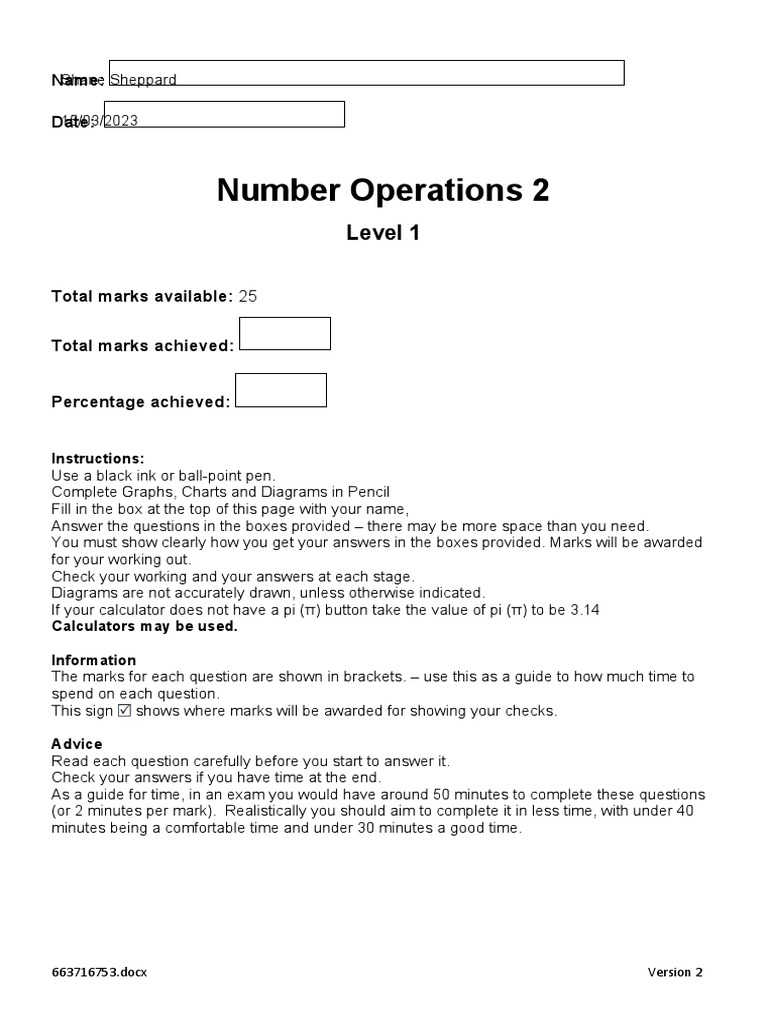 Level 1 Number Operations 2 v2 Answers | PDF