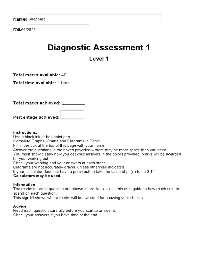 Level 1 Diagnostic Assessment 1 Questions | PDF