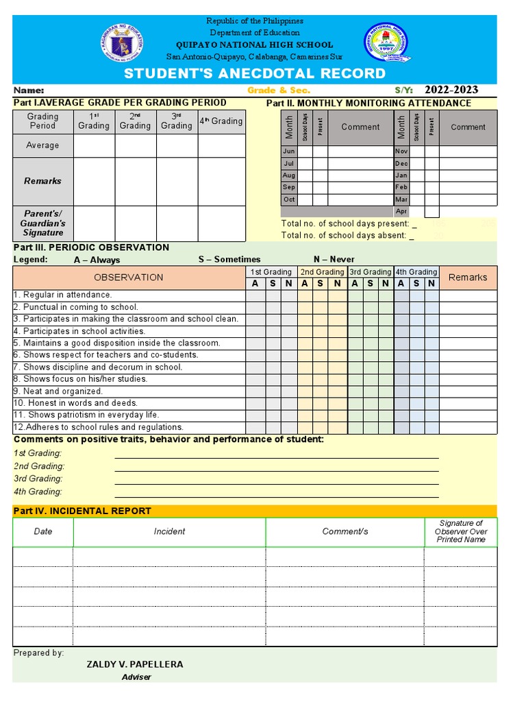 Anecdotal Record Template | PDF | Behavior Modification