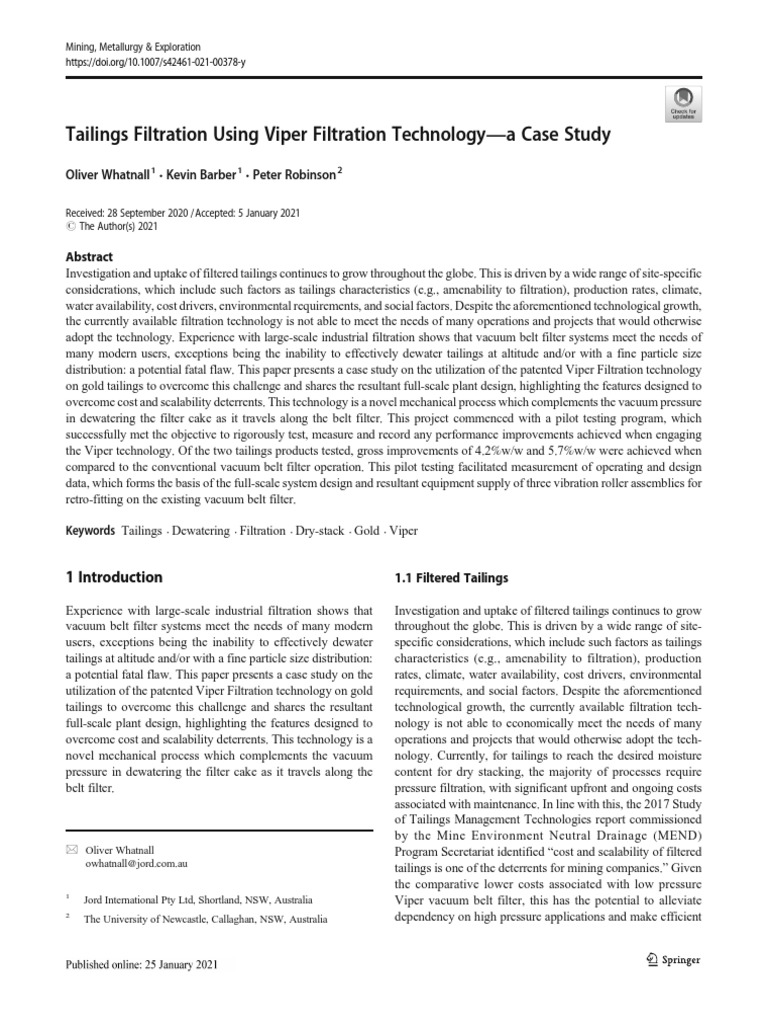 Tailings Filtration Using Viper Filtration Technol | PDF | Filtration ...
