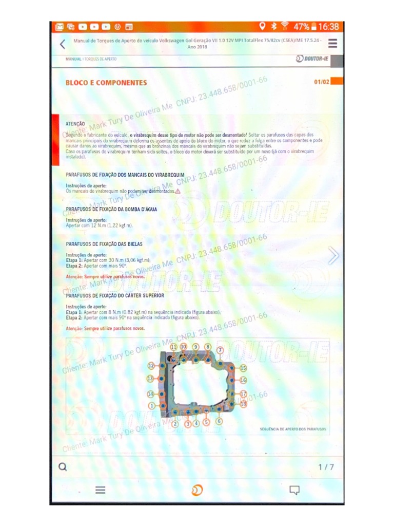 Manual de Torques de Aperto Do Veículo Volkswagen Gol Geração VII 1.0 ...