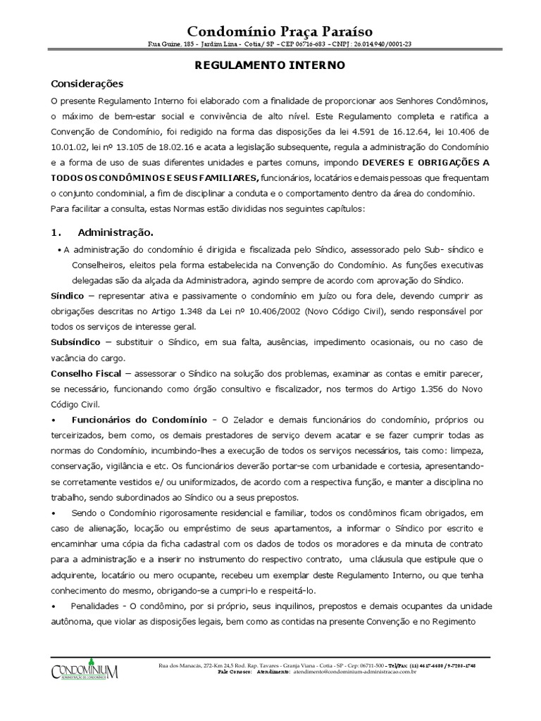 Modelo Regulamento Interno PDF | PDF | Condomínio | Desperdício